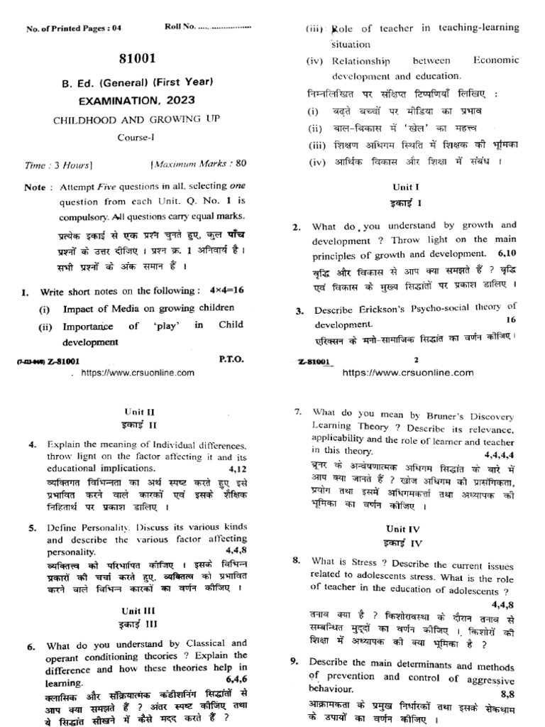 B Ed 1 Year Childhood and Growing Up 81001 2023 | PDF