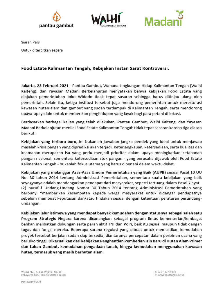 Siaran Pers Food Estate Kebijakan Instan Sarat Kontroversi 4bcDC | PDF