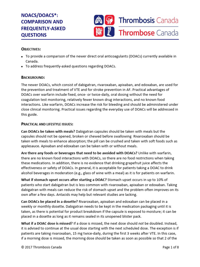 DOACs: Comparison and FAQs | PDF | Medical Treatments | Clinical Medicine