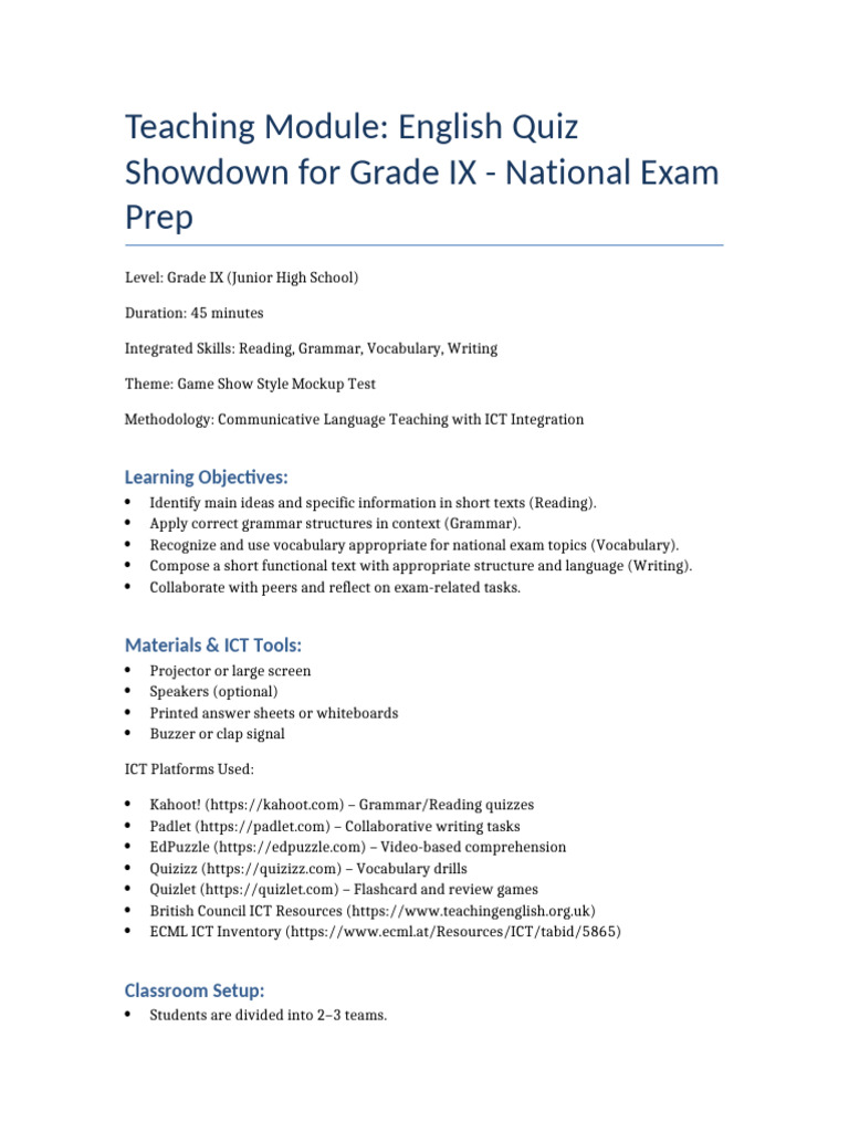 English Quiz Module Grade IX | PDF | Educational Technology | Vocabulary