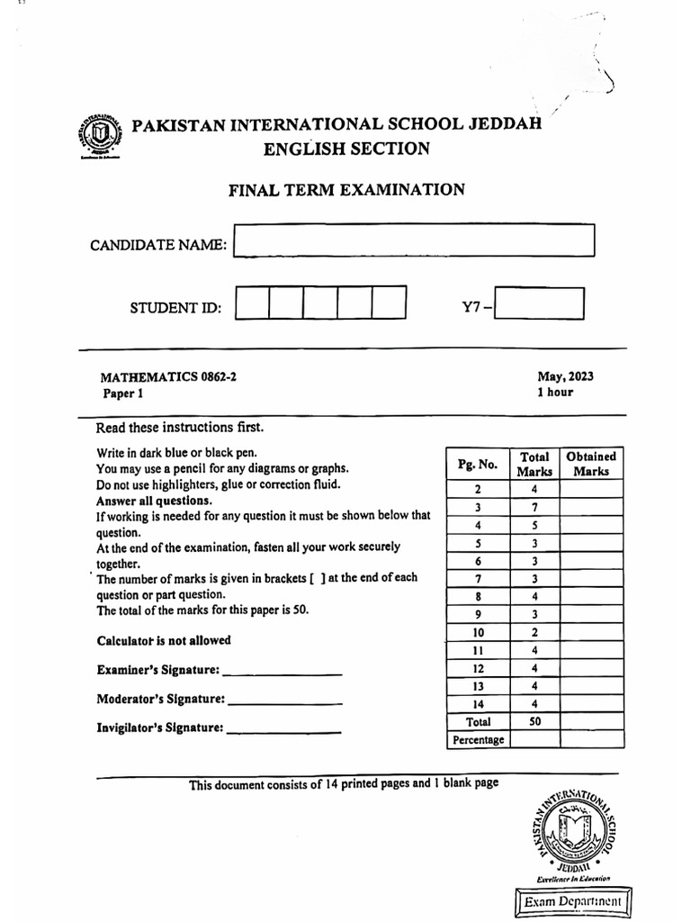 Unsolved Y7 Math Final Exams P1 & P2 2023 | PDF