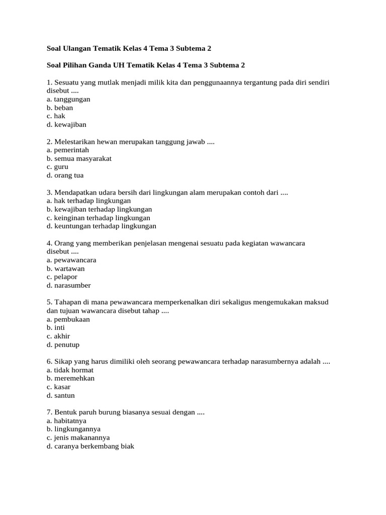 Soal Ulangan Tematik Kelas 4 Tema 3 Subtema 2 | PDF