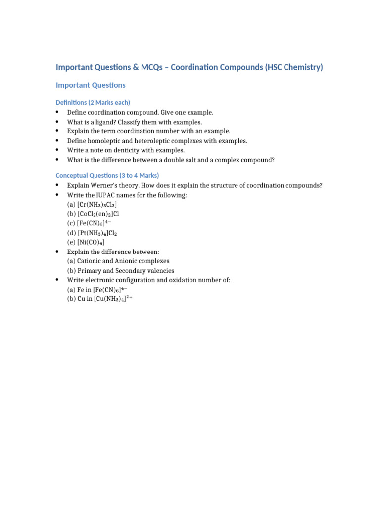 Coordination Compound Questions and MCQs | PDF