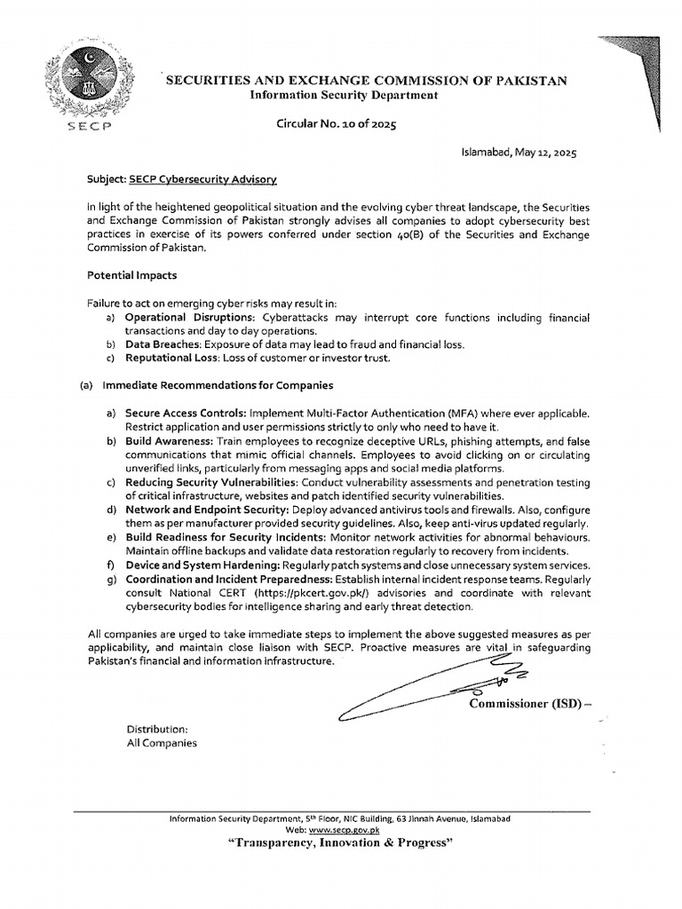 SECP CYBER SECURITY ADVISORY CIRCULAR 10 of 2025 | PDF