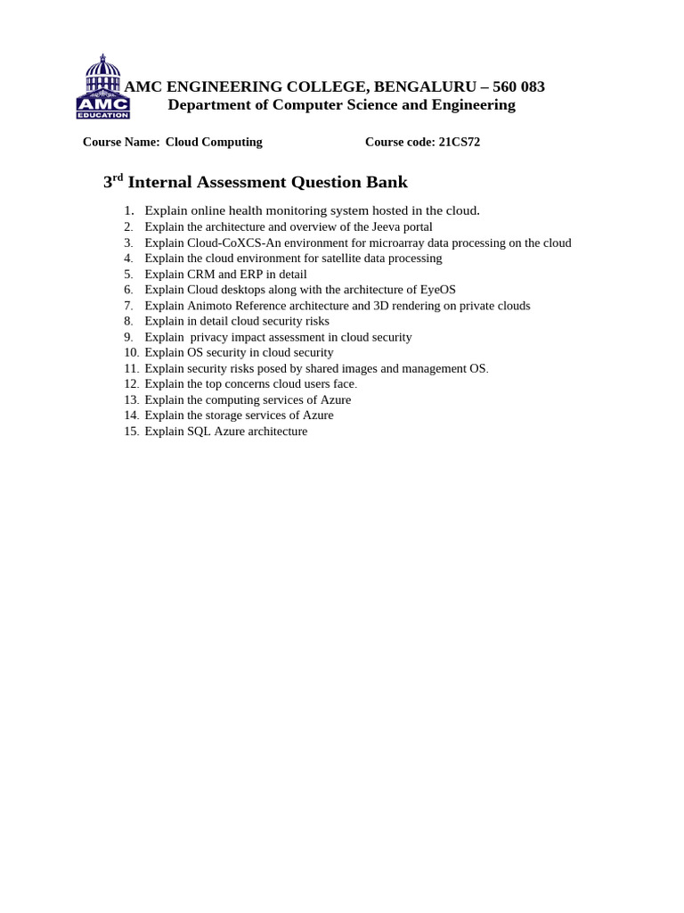 Cloud Computing 3rd IA Que Bank | PDF