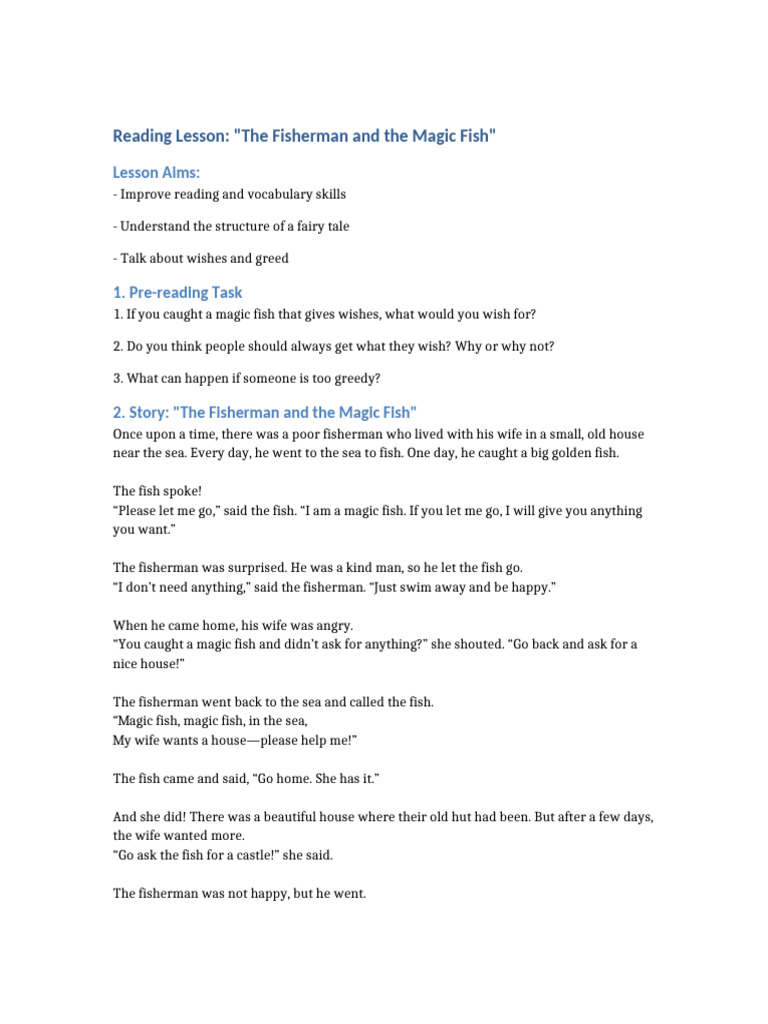 The Fisherman and The Magic Fish - Reading Lesson | PDF
