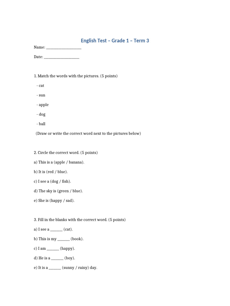 Grade 1 English Test - Term 3 | PDF
