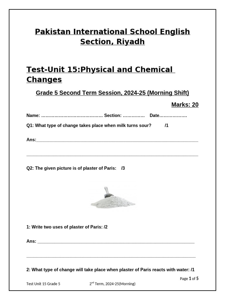 Test Unit 15 Grade 5 Physical Changes (MOR) | PDF | Materials | Chemistry