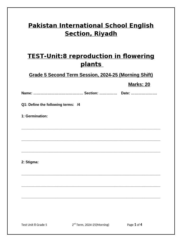 Test Unit 8 Grade 5 Reproduction (MOR) | PDF | Seed | Flowers