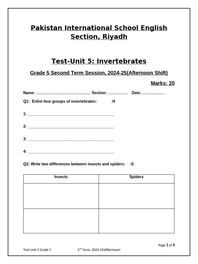 Test Unit 5 Grade 5 Invertebrates (an) | PDF | Invertebrate | Biology