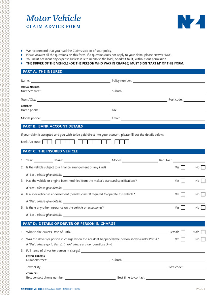 NZI Motor Vehicle Claim Form | PDF | Driver's License | License