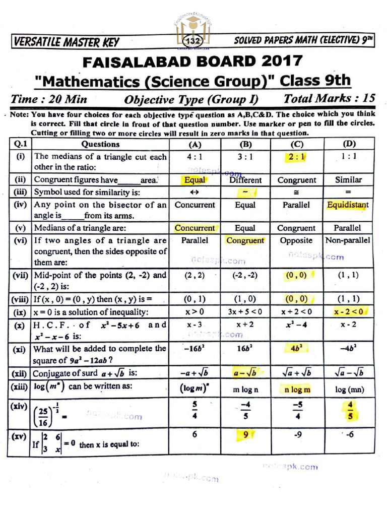 9th Math EM MCQs Board Papers With Keys - Nauman Sadaf - Compressed ...