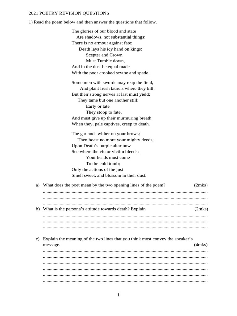 2021 Poetry Revision Questions | PDF | Poetry