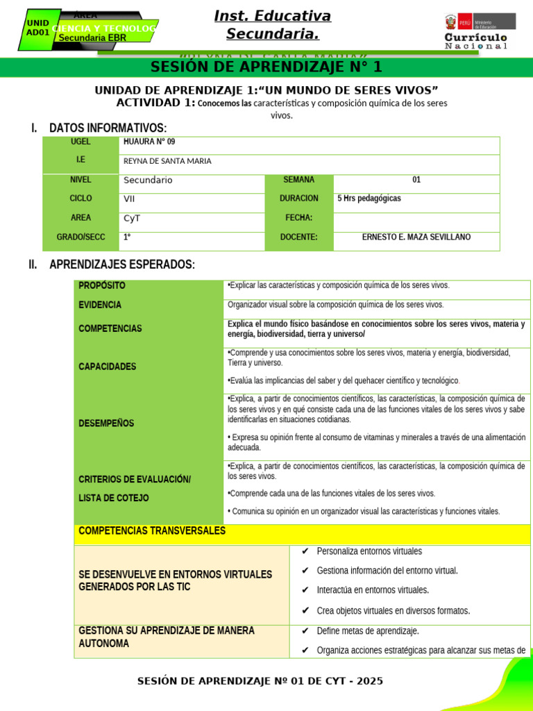SESIÓN 1 (U1) (1° Grado) - CyT | PDF | Aprendizaje | Maestros