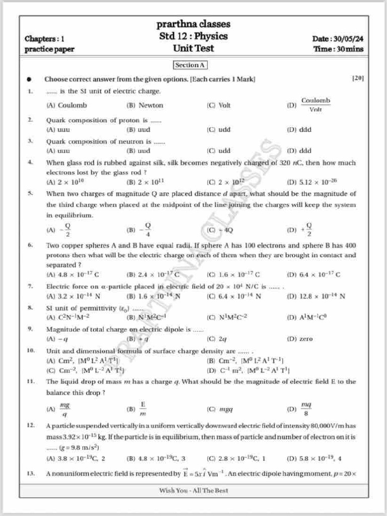 CH 1 Electric Field and Charges STD 12 MCQs | PDF