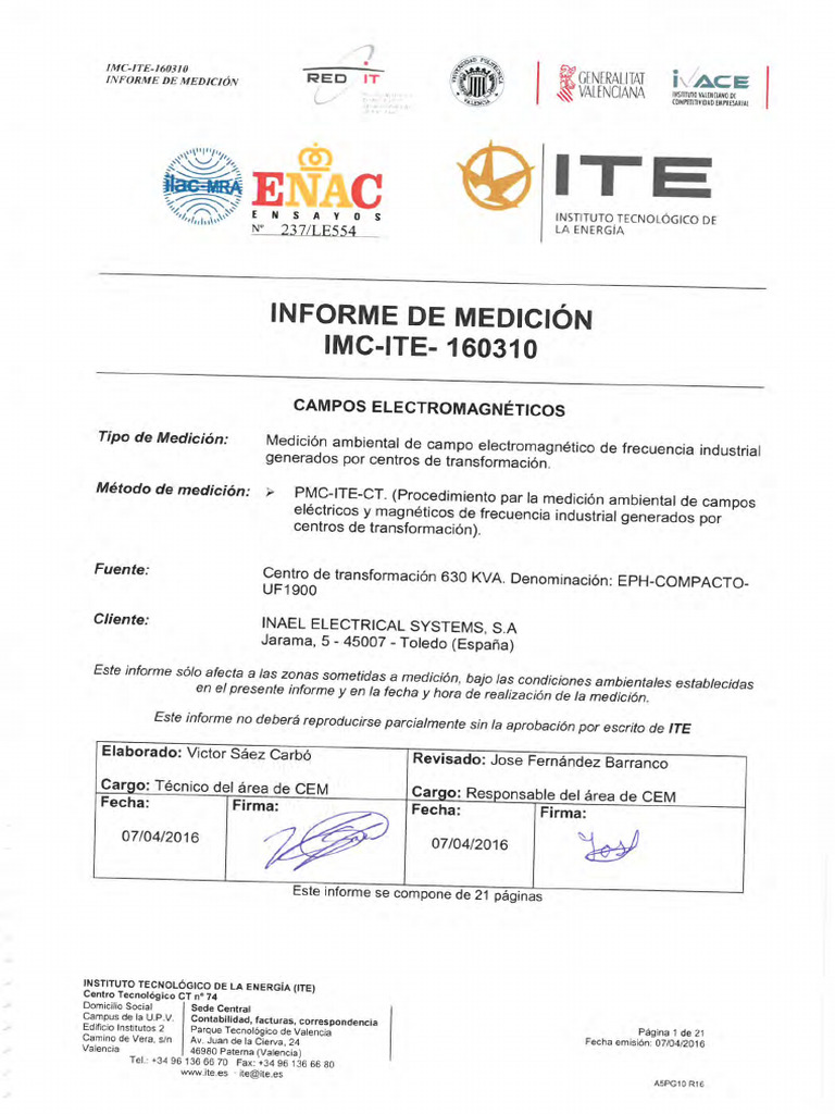 Medición Campos Electromag CT 630 KVA | PDF