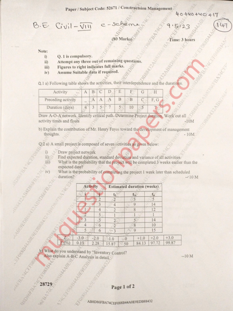 Be - Civil Engineering - Semester 8 - 2023 - May - Construction Management Rev 2019 C Scheme | PDF