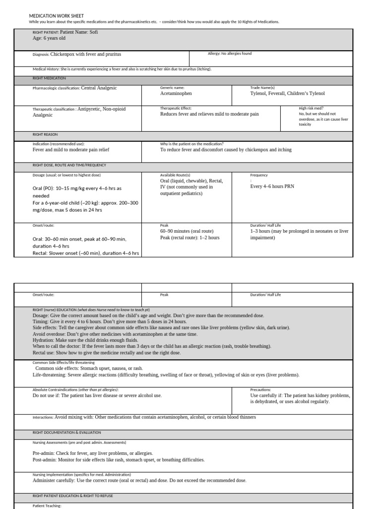 Acetaminophen Medication Worksheet | PDF | Dose (Biochemistry) | Chemistry