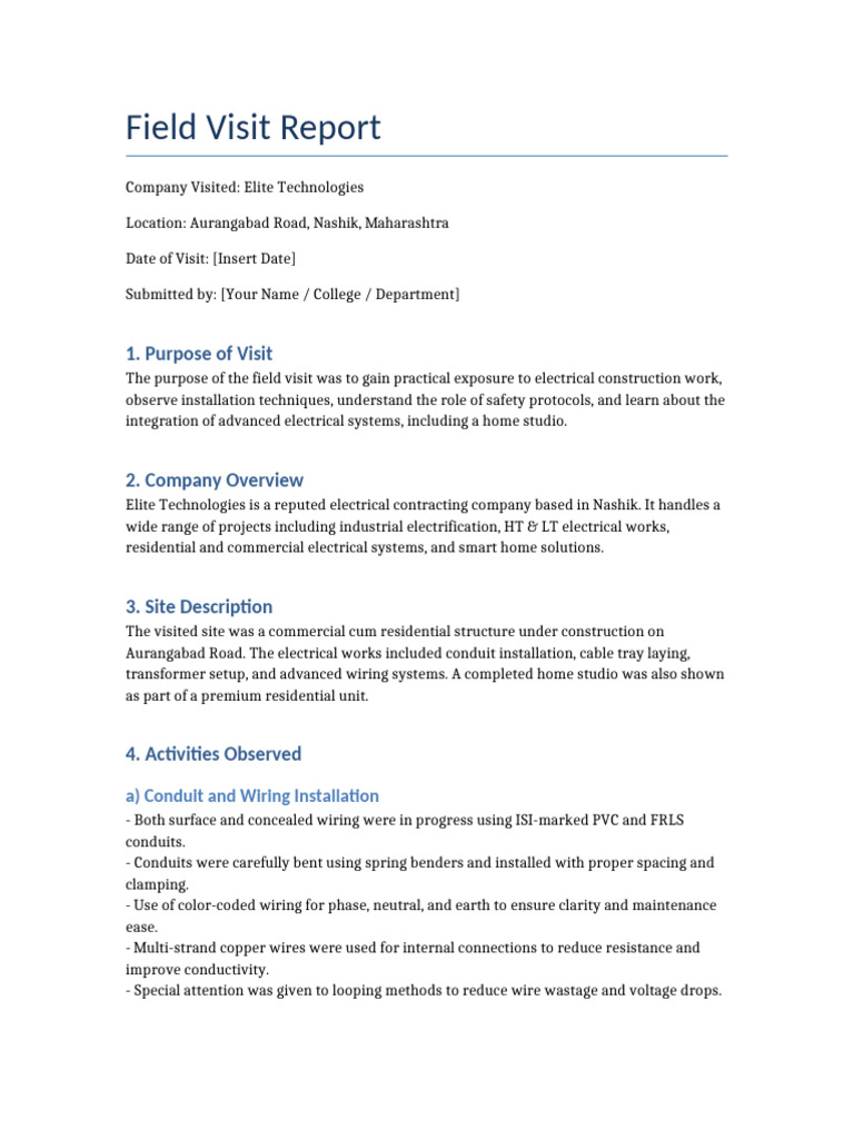 Elite Technologies Field Visit Insights | PDF | Electrical Wiring ...