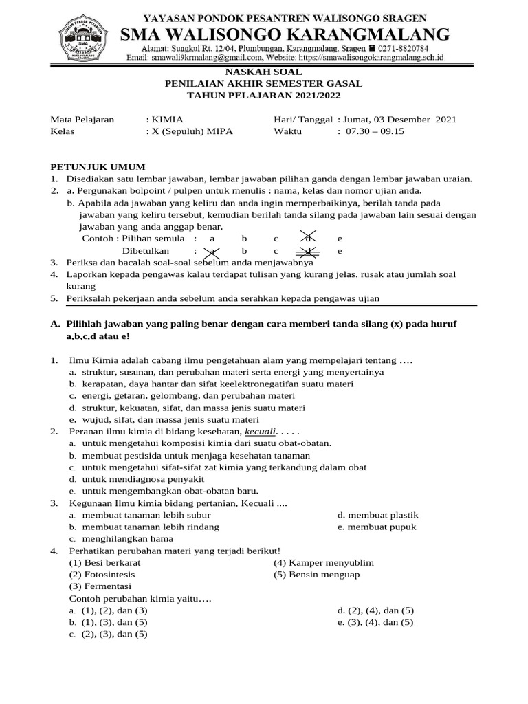 SOAL_PAS KIMIA 10_2021 | PDF