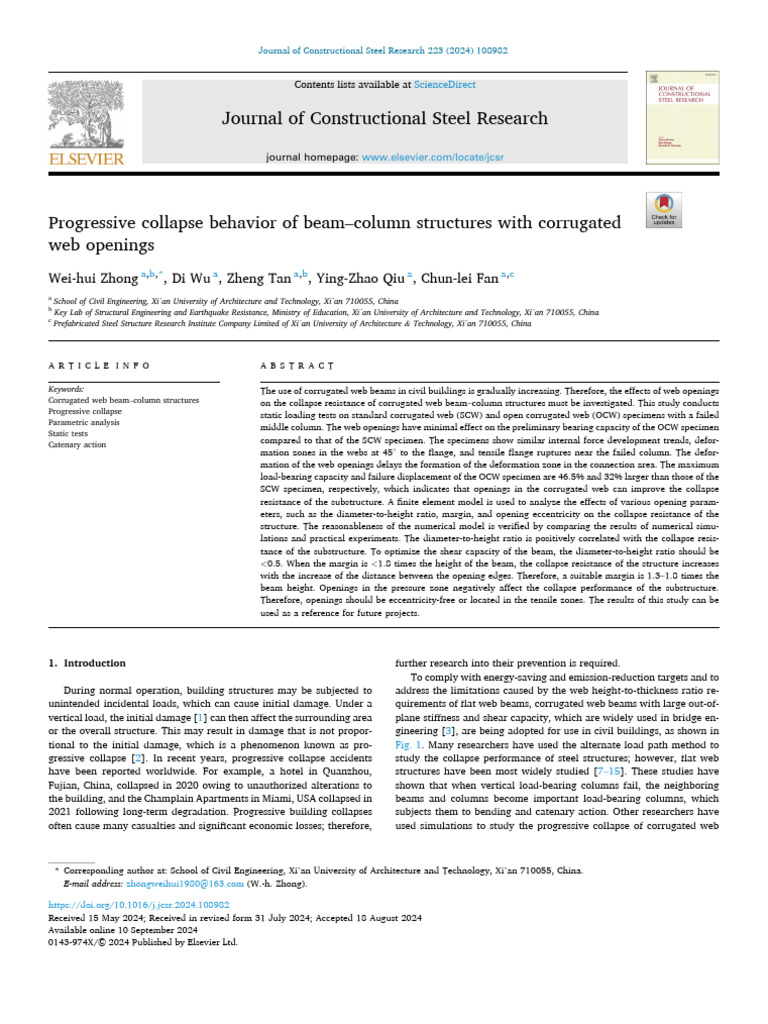Progressive Collapse Behavior of Beam-Column Structures With Corrugated ...