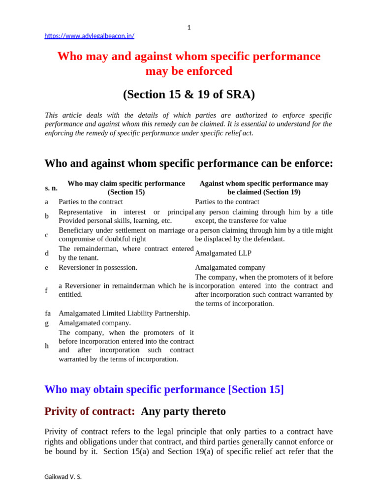 Who May and Against Whom Specific Performance May Be Enforced | PDF ...