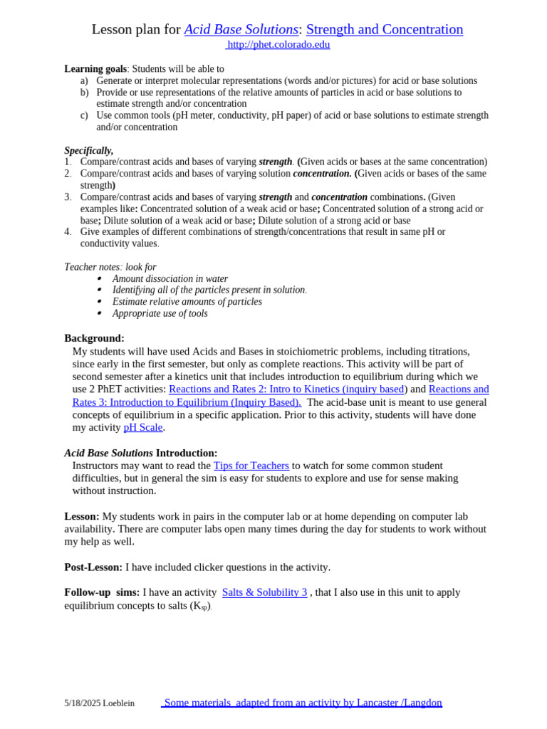 Acid Base Solutions Lesson Plan | PDF | Acid | Ph