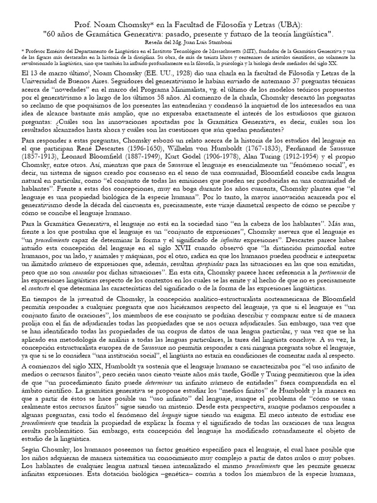 Prof. Noam Chomsky en La Facultad de Filosofía y Letras UBA 60 Años de ...