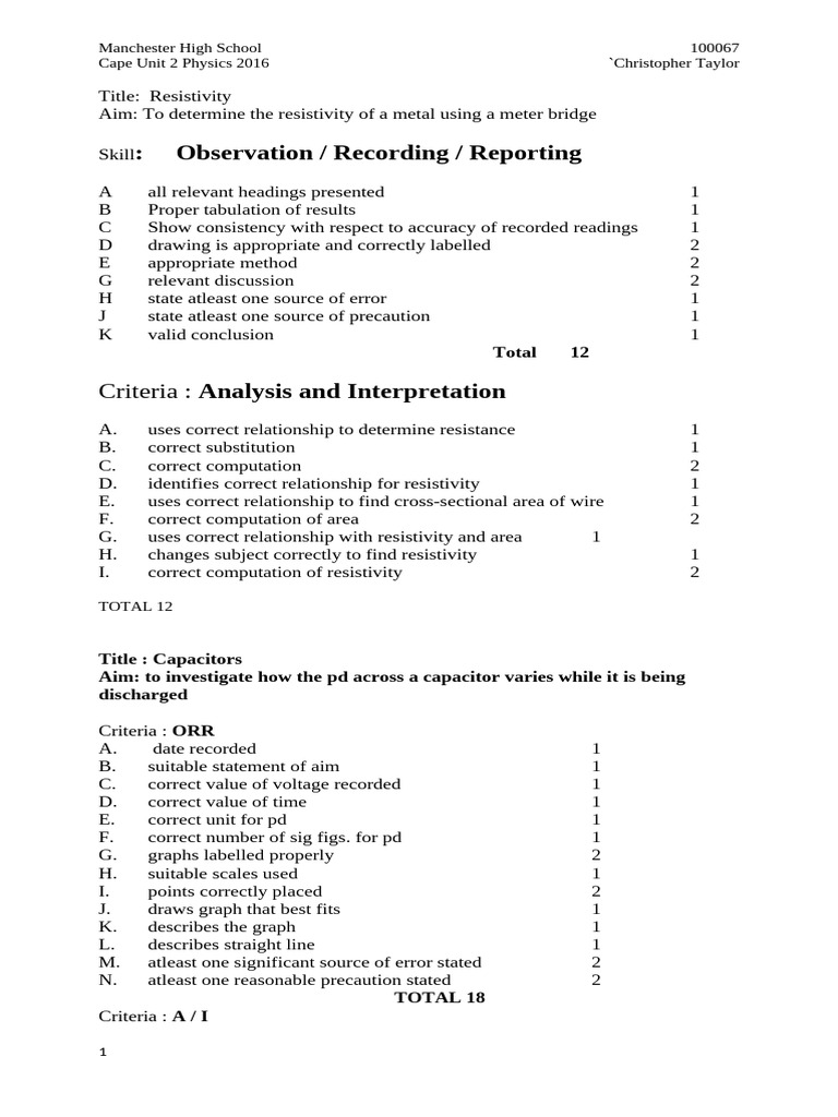 Cape Physics Unit 2 Markscheme 2016 | PDF | Capacitor | Temperature
