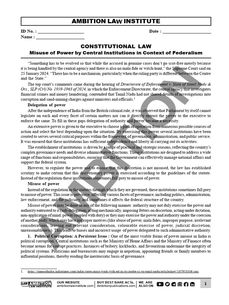 Misuse of Power in Indian Federalism | PDF | Accountability | Governance