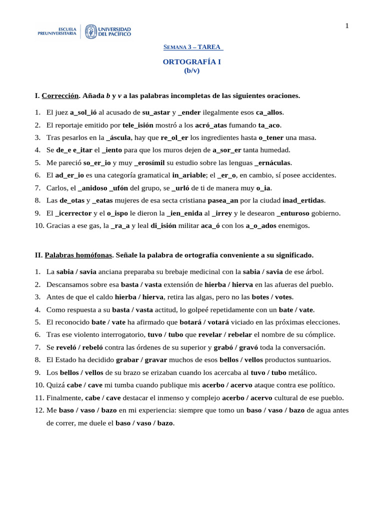 3a Ortografía I (BV) Tarea | PDF
