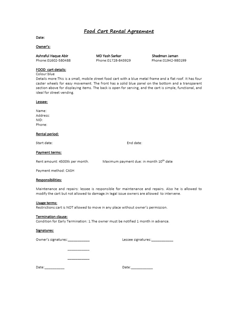 Food Cart Rental Agreement Template | PDF