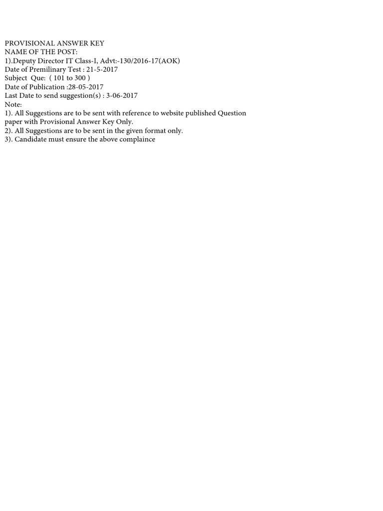 Provisional Answer Key Deputy Director IT Department of Science and Technology C 1 Advt No 130 ...