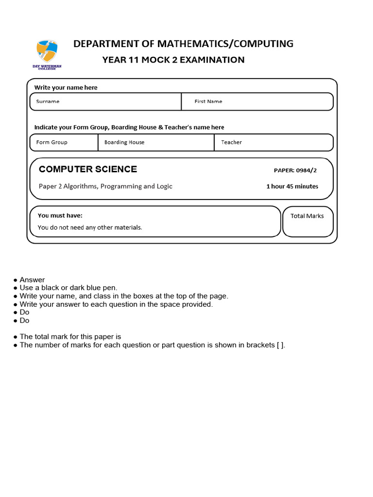 Computer Science Paper 2 Mock 2 2025 | PDF