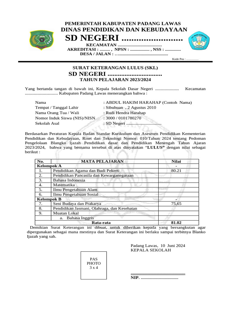 Format Contoh SKL SD 2024 | PDF