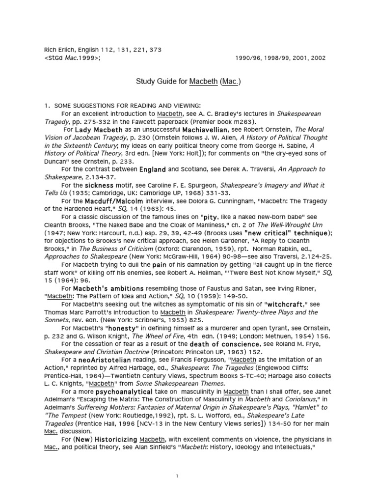 Study Guide For Shakespeares MACBETH | PDF | Macbeth | Grace In ...