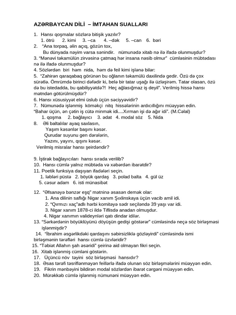 Azərbaycan Di̇li̇ - İmtahan Suallari | PDF