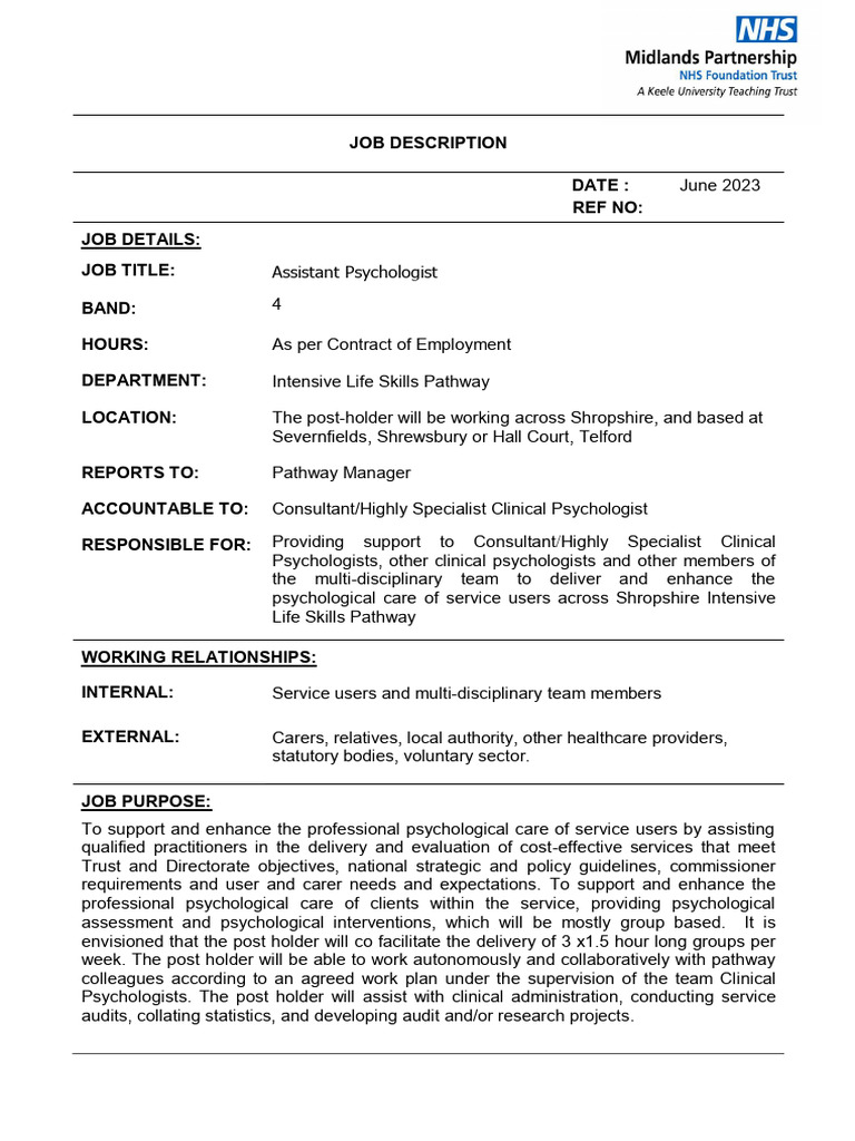301-KM-25-7192700 - Job Description Assistant Psychologist Band 4 | PDF ...
