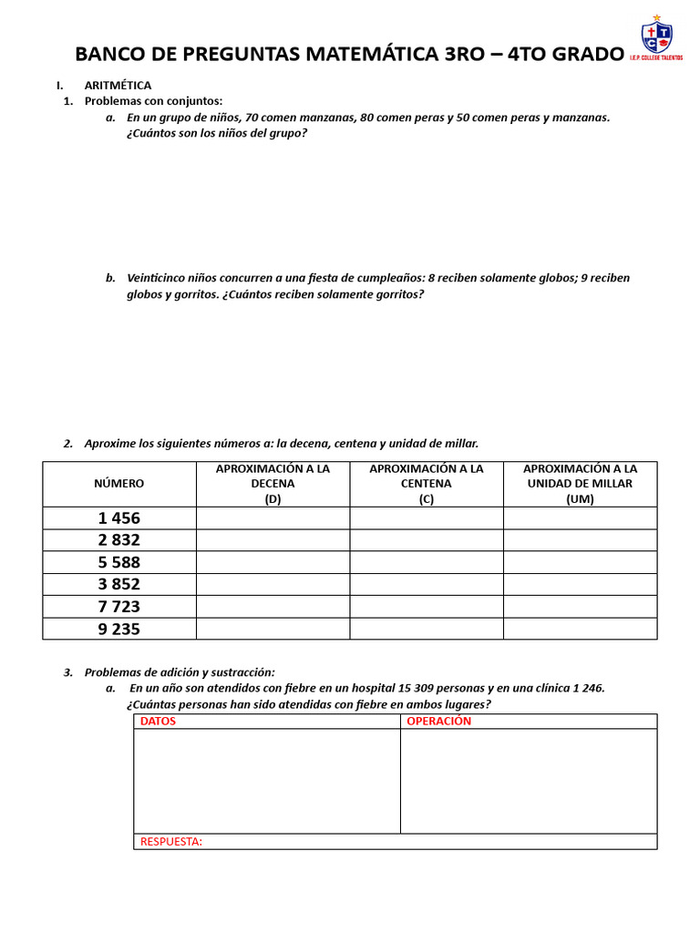 Banco de Preguntas Matemáticas 3ro-4to Grado | PDF | Aritmética ...