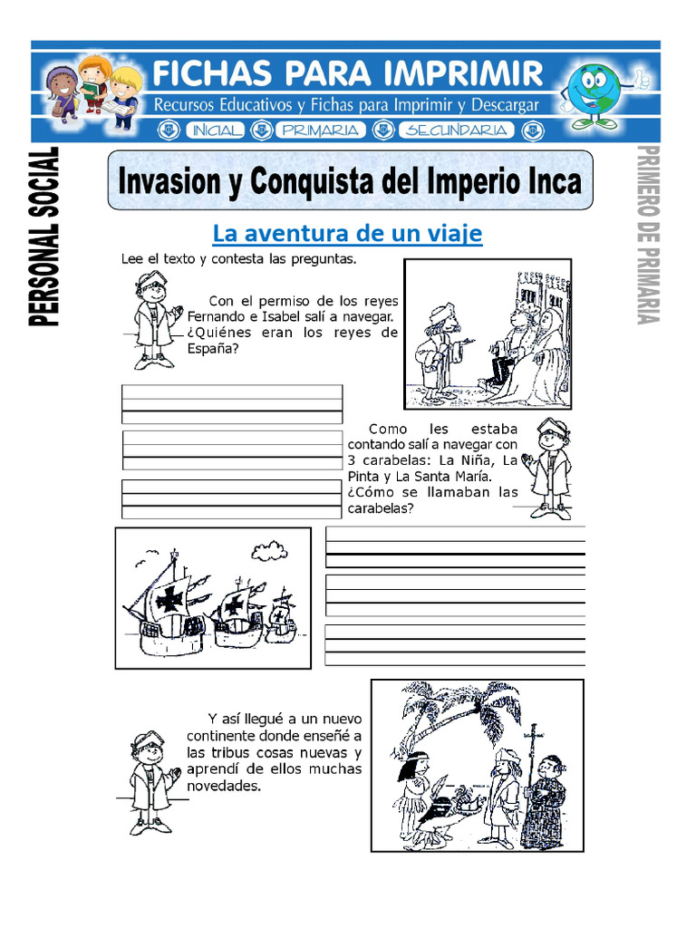 Ficha de Invasión y Conquista Del Imperio Inca para Primero de Primaria ...