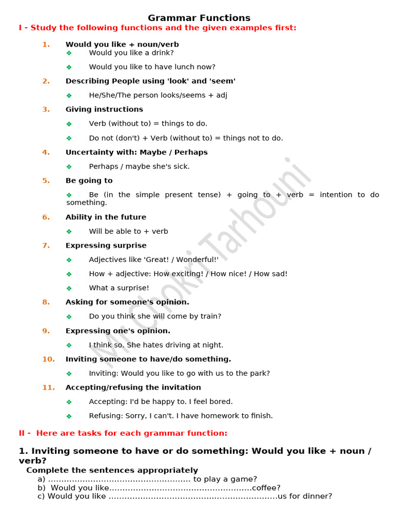 Grammar Functions and Tasks | PDF | Verb | Adjective
