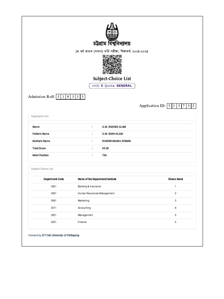 Subject Choice - CU Admission Portal | PDF