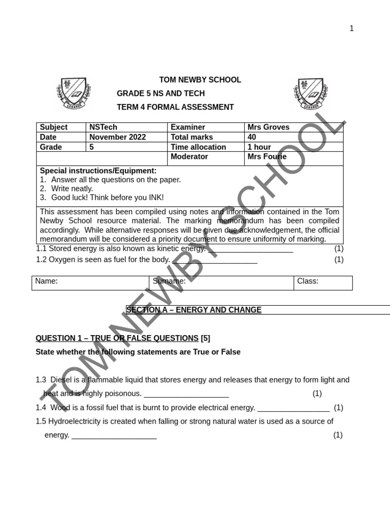 Grade 5 NSTech Term 4 Assessment | PDF | Fires | Fuels