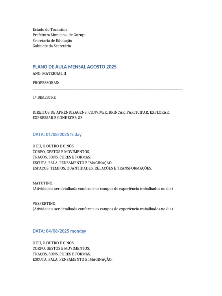 Plano de Aula Mensal Agosto 2025 Maternal II | PDF | Pensamento | Cognição