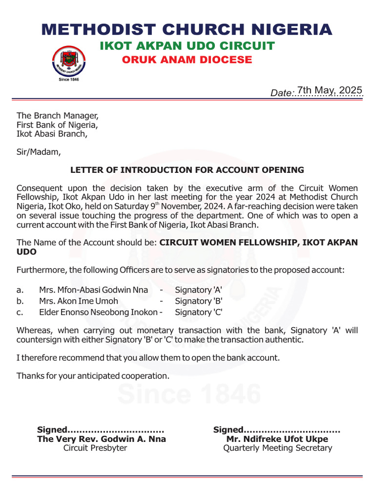 Church Bank Account Opening Request | PDF