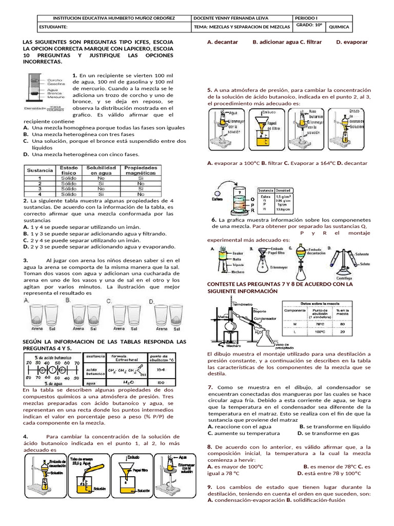 Taller Icfes 10 Separacion de Mezclas Word | PDF | Mezcla | Destilación