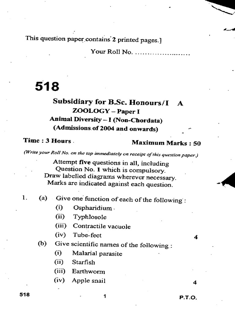 I Zoology - Paper I Animals Diversity - I (Non-Chordata) - 1 | PDF