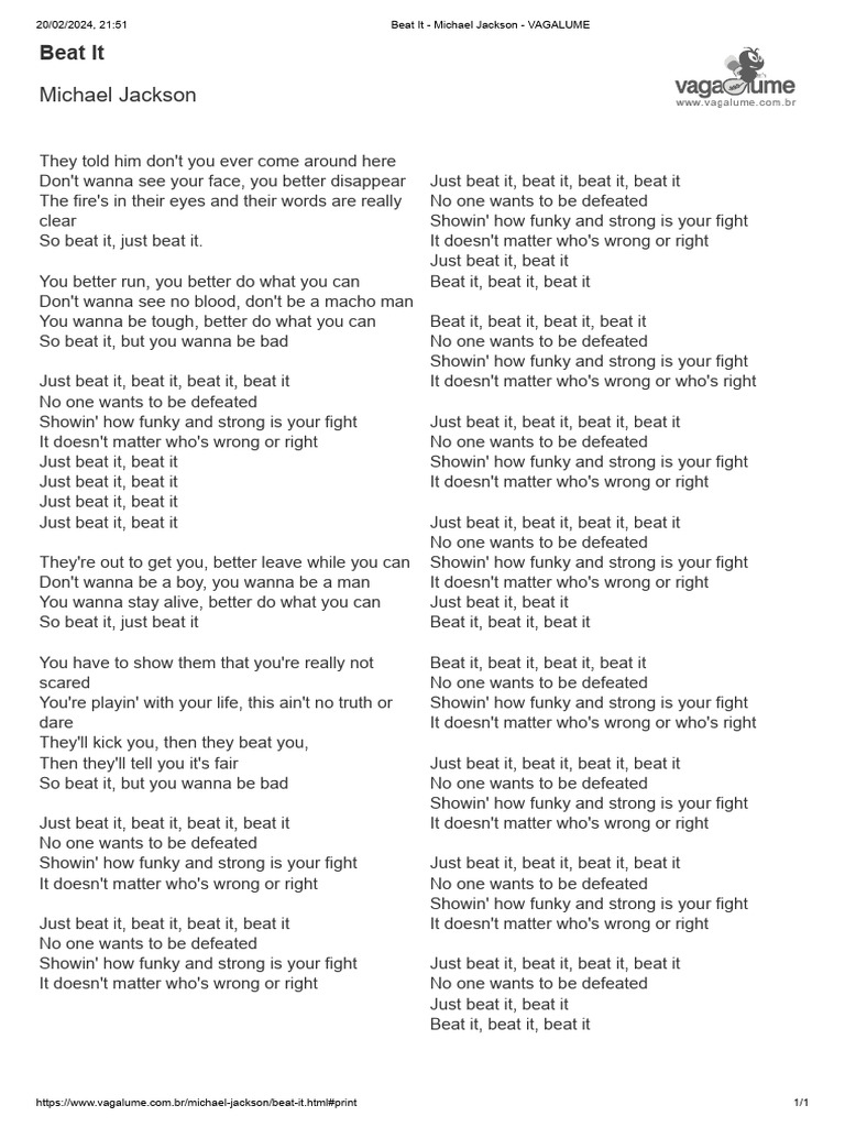 Michael Jackson's "Beat It" Lyrics | PDF | Song Recordings Produced ...