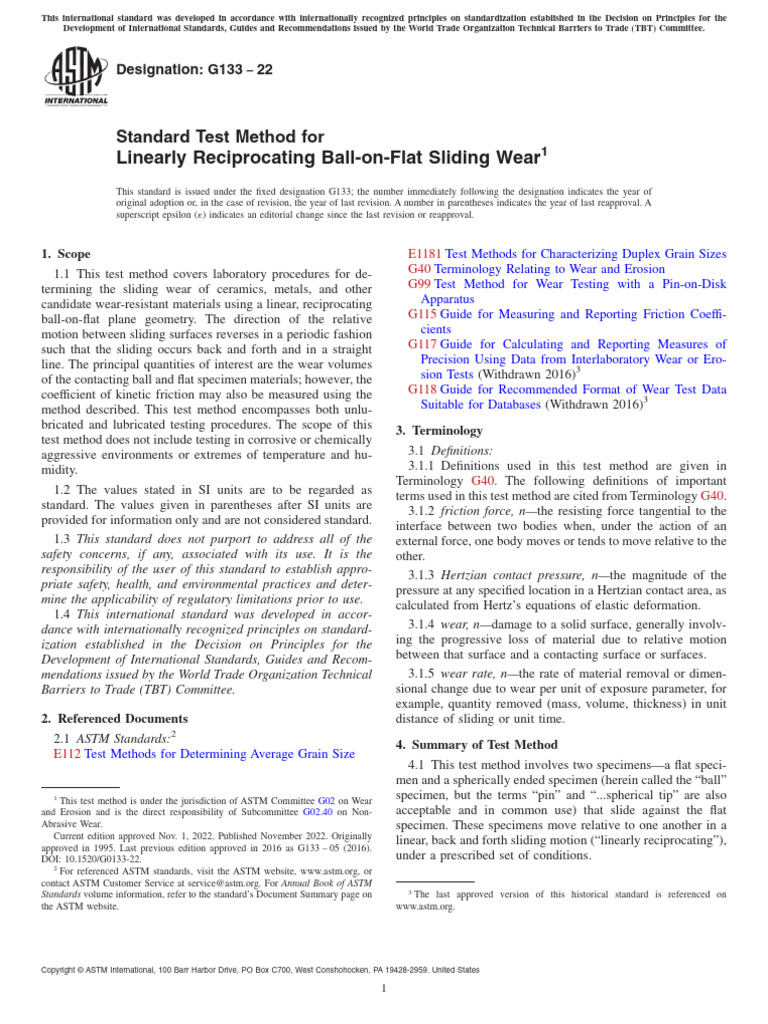 ASTM G133 Reciprocating Wear Test Standard | PDF | Wear | Friction