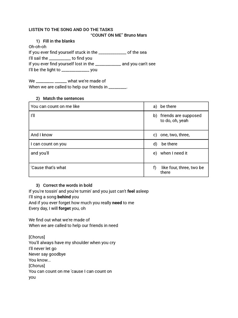 LISTEN TO THE SONG AND DO THE TASKS | PDF